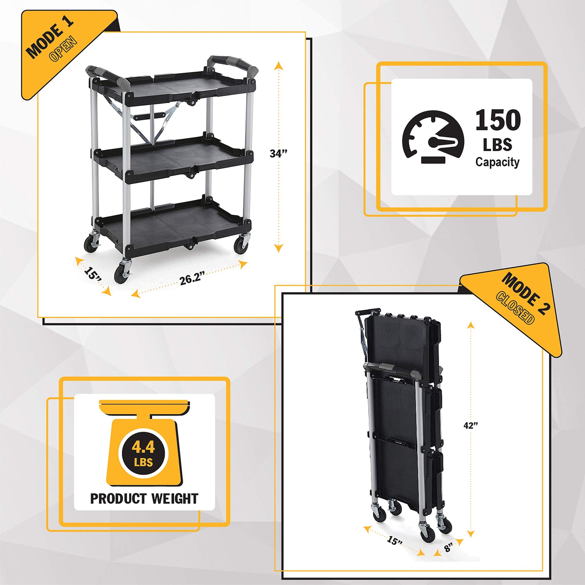 Folding Collapsible Service Cart Regular, 150lb. Capacity, Black – Pack ...